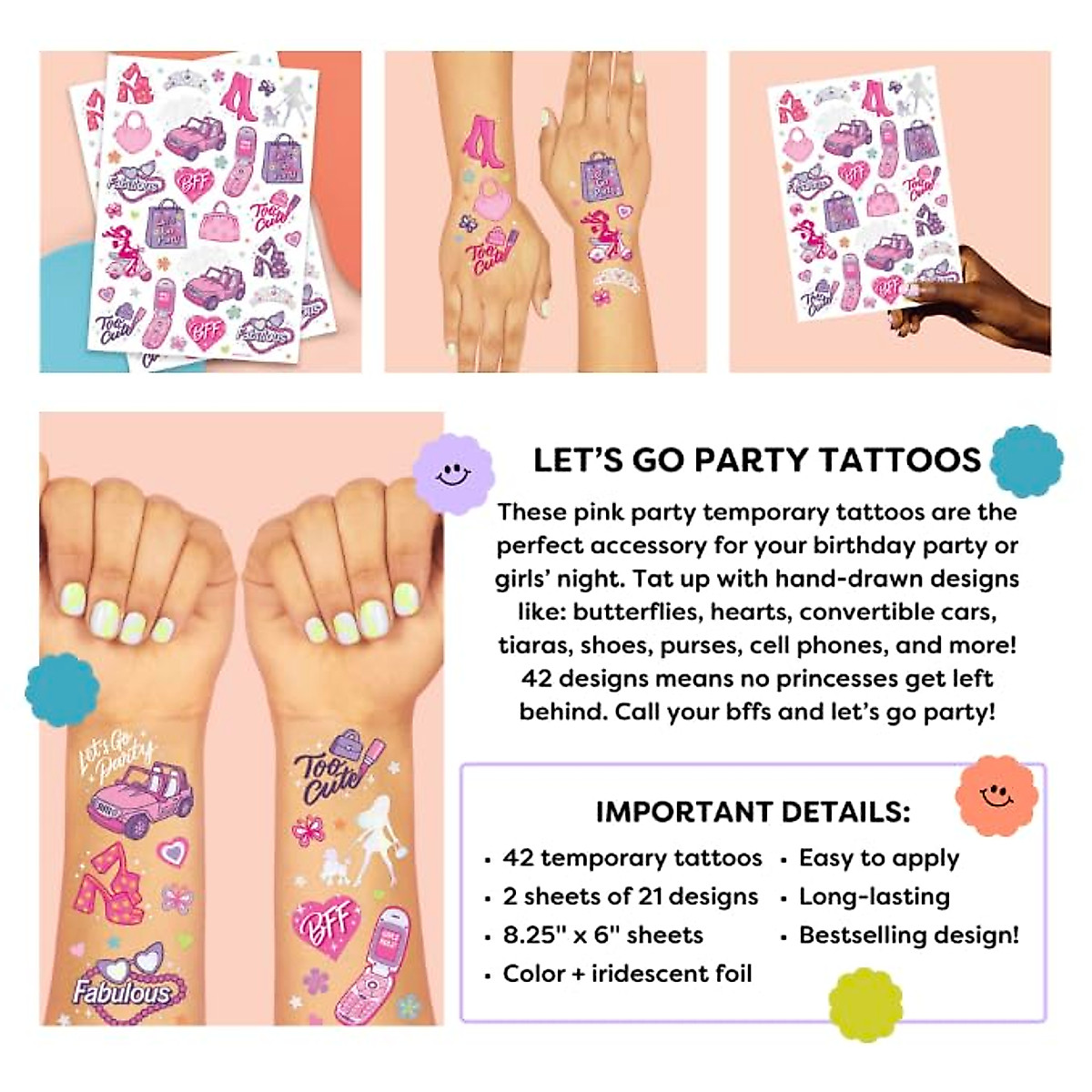 xo, Fetti Pink Temporary Tattoos for Girls - 42 styles | Pink Birthday Party Supplies, Party Favors, Cute Decorations, Easter Basket