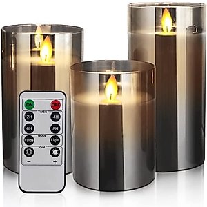 Led Flameless Candles, Battery Operated Flickering Candles Pillar Real Wax Moving Flame Electric Candle Sets Gold Glass with Remote Timer for Home Fireplace Halloween Decor, 4 in,5 in,6 in,3 Pack