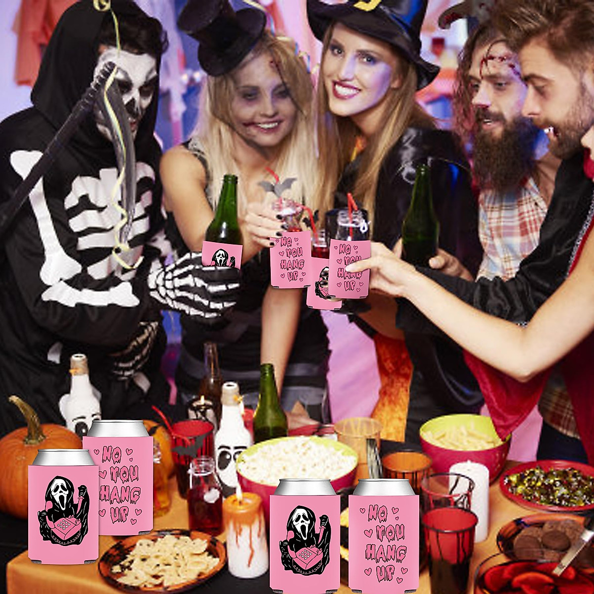 HOMEZZO 12 Pcs Halloween Party Can Cooler, No You Hang Up Halloween Ghost Drink Sleeves for Halloween Party Favors Trick or Treat Supplies Wacky Horror Party