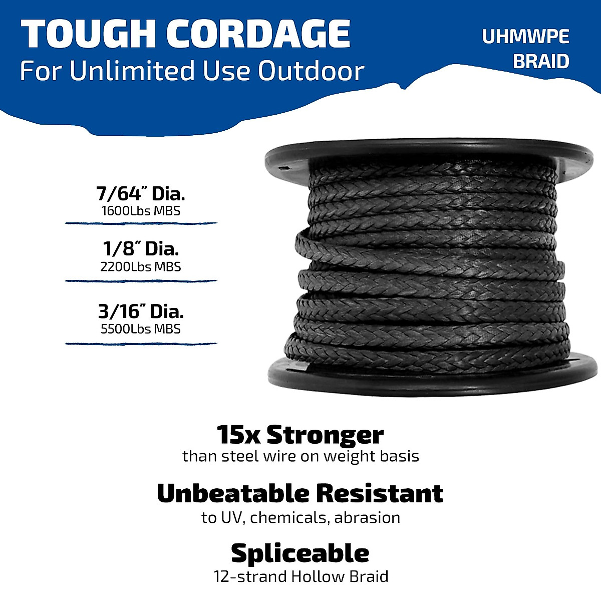 emma kites 100% UHMWPE Braided Cord Heavy Duty Abrasion Resist. Low Stretch Utility Cord for Kites Surfing Whoopie Rigging Spearfishing Kayak Survival Repair, Black 1/8"(Dia.) 2200Lb 50Ft Spool