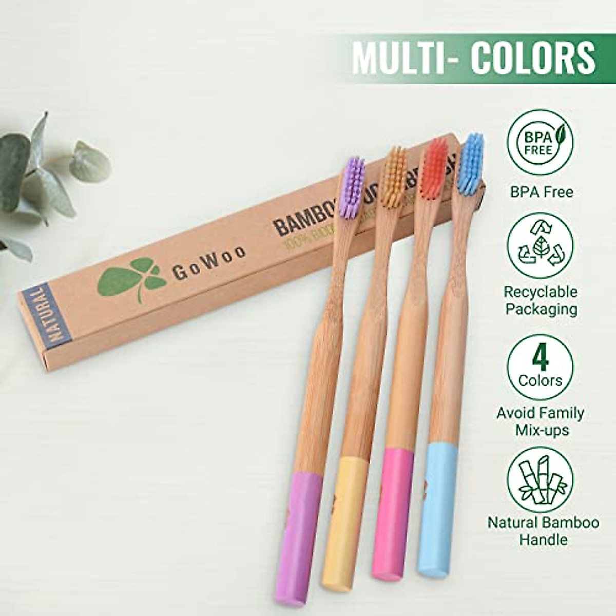 GoWoo 100% Natural Bamboo Toothbrush Soft - Organic Eco Friendly Toothbrushes with Soft Nylon Bristles, BPA-Free, Biodegradable, Dental Care Set (Pack of 4, Adult, Rainbow)