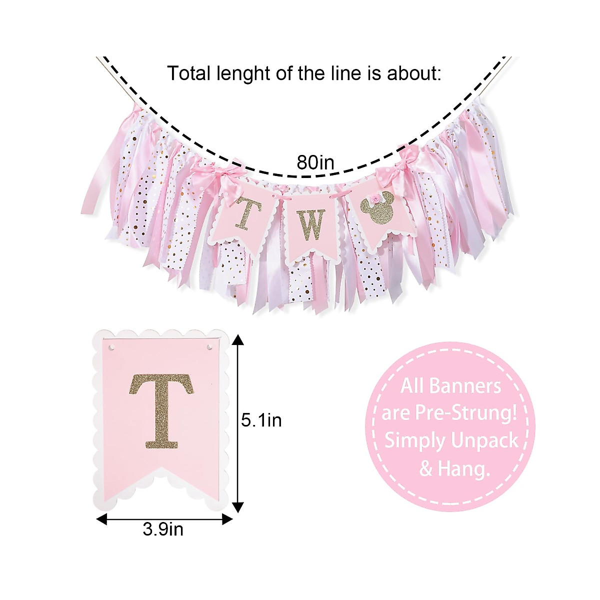 Minnie Mouse 2nd Highchair Banner - Minnie 2nd Birthday Party Decorations,Pink Gold Two High Chair Ribbon Banner,Minnie Mouse Inspired Party Supplies,Sweet Girl Second Birthday Banner Photo Props