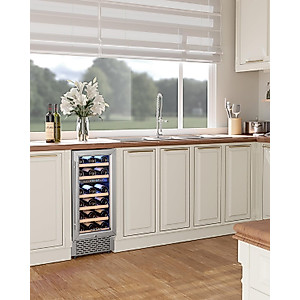 Plotanis 15 Inch Wine Fridge Dual Zone 28 Bottles Under Counter Wine Cooler Refrigerator Built-in or Freestanding with Glass Door Safety Lock