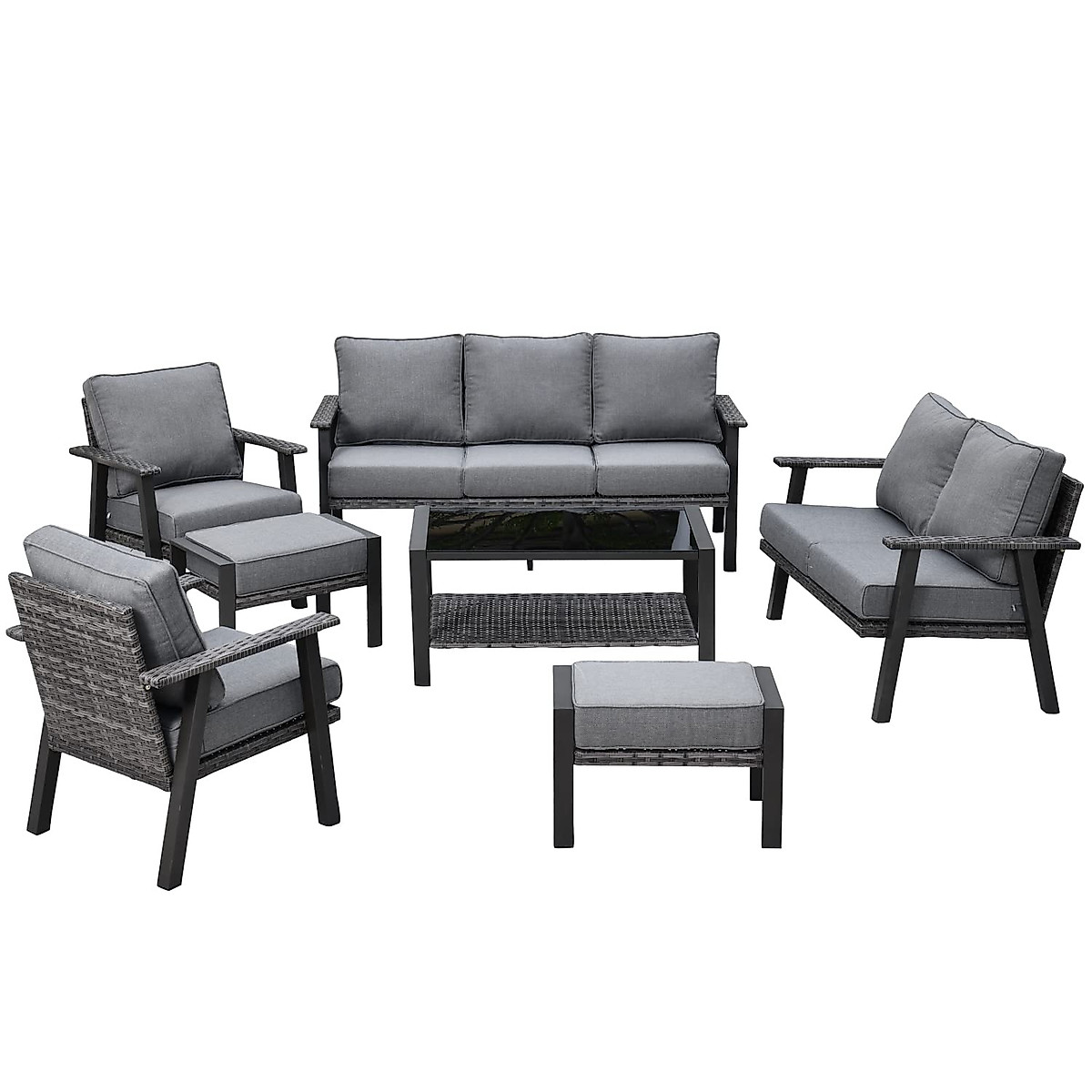 ovios Patio Furniture Set 7-Pieces Outdoor Wicker Rattan Sofa with Coffee Table Loveseat Ottomans, High Back All Weather Conversation Set with Comfy Cushions, Dark Grey