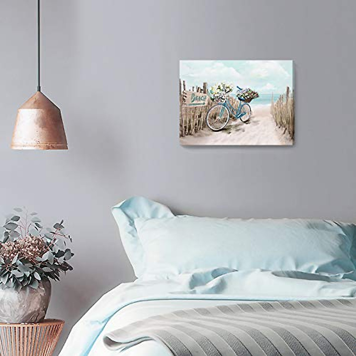 Beach Canvas Wall Art for Bathroom Ocean Pictures Seaside Bicycle Canvas Print Seascape Painting Framed Teal Aqua Blue Calming Shoreside Artwork for Modern Coastal Themed Lake Home Bedroom Décor Ready to Hang 12x16inch