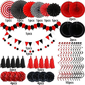 ZERODECO Party Decorations, 41 Pcs Black and Red Papar Fans Pompoms Garlands String Tissue Paper Tassel for Graduation Bridal Baby Shower Wedding Boy Girl Birthday Party