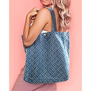 KOASIS Denim Bag for Women Girls Shoulder Tote Bag Casual Style Lightweight Travel Shopper Beach Bag, Denim Blue