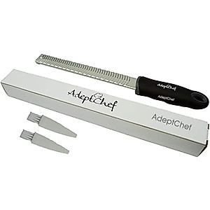 Citrus Lemon Zester & Cheese Grater by AdeptChef - Parmesan Cheese, Lemon, Ginger, Garlic, Nutmeg, Vegetables, Fruits - Very sharp Stainless Steel Blade Protective Cover, Dishwasher Safe