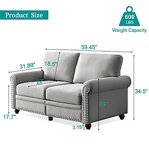 CALABASH Loveseat Sofa, Modern Upholstered Love Seat 2 Seater Small Couch with Classic Nails & Seat Cushion Backrest Removable for Living Room, Bedroom, Apartment, Small Space, 59Inch(Grey Fabric)