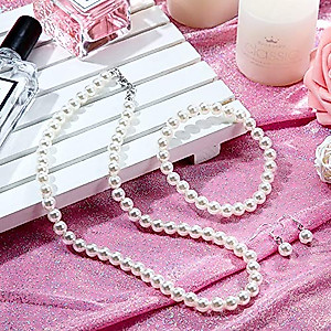 Yaomiao 4 Pieces 1920s Faux Pearl Strand Costume Jewelry Sets Simulated Pearl Necklace Bracelet Earrings for Women Girls (Beige,8 mm)