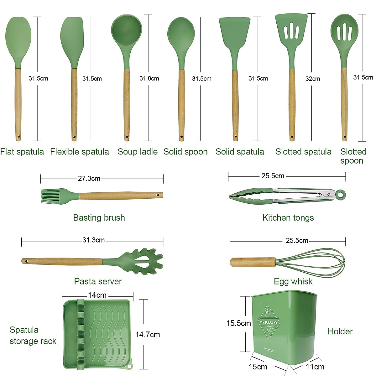MYKUJA Green Kitchen Utensils Set for Cooking-Heat Resistant Kitchen Silicone Set Cooking Utensils Set for Non-Stick Utensils Set 13 Pieces Kitchen Tools(Avocado green)