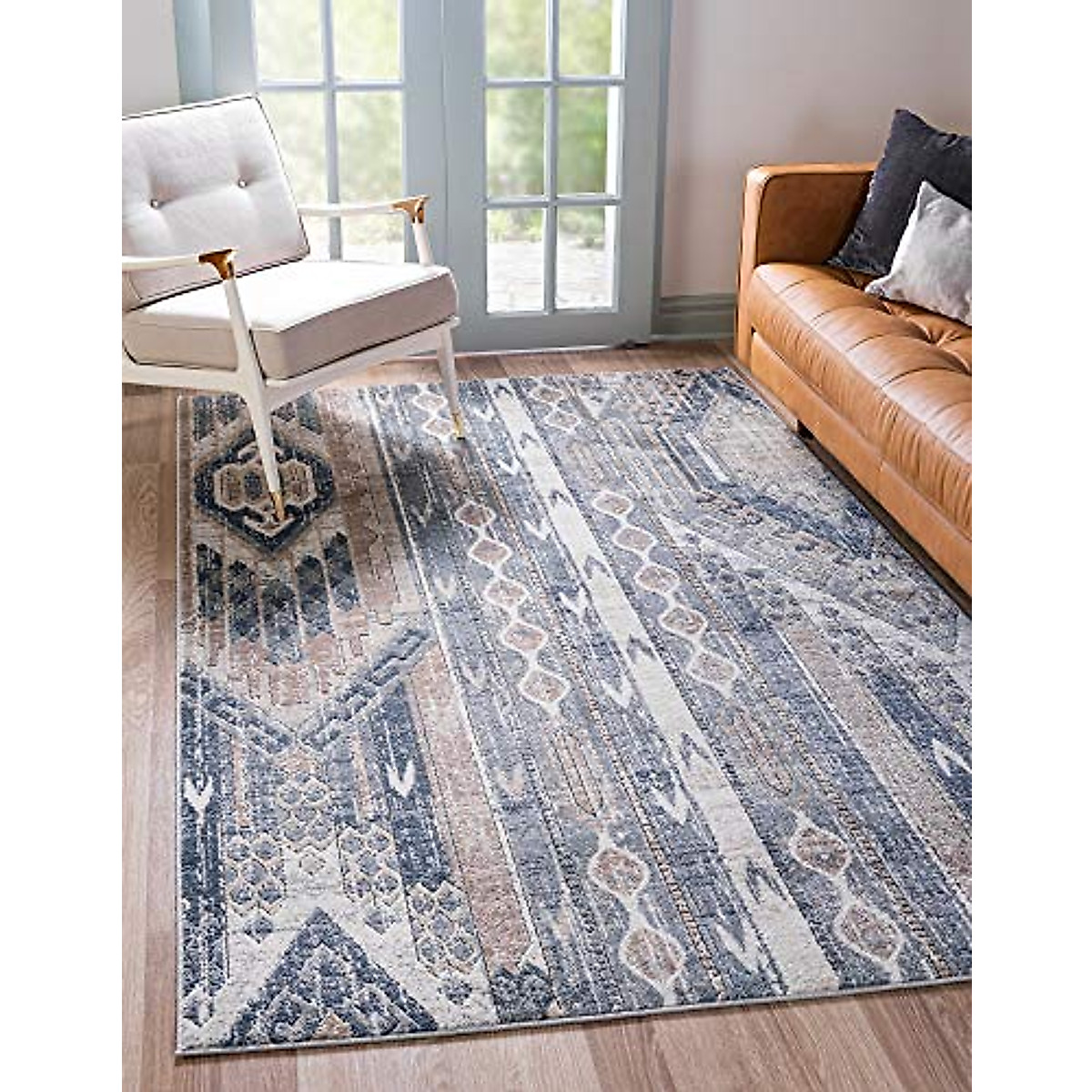 Unique Loom Portland Collection Southwestern Inspired Striped Tone Area Rug, 7 ft x 10 ft, Navy Blue/Tan
