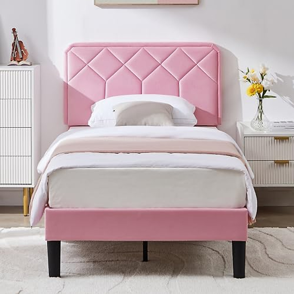 VECELO Twin Size Bed Frame Premium Leather Upholstered Platform with Height Adjustable Headboard/Mattress Foundation, Solid Wooden Slat Support, No Box Spring Needed/Easy Assembly