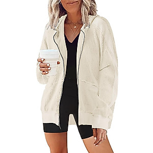 Womens Fashion Zip Up Hoodies Oversized Waffle Knit Jacket Shirts Long Sleeve Solid Shacket Blouse with Pockets