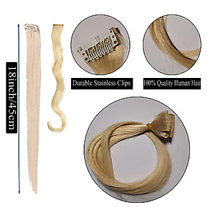 18 Inch High light Clip in Human Hair Extensions 100% Straight Clip on Party Highlights Colored Hair Extensions 6 Pieces/set (Bleach Blonde)