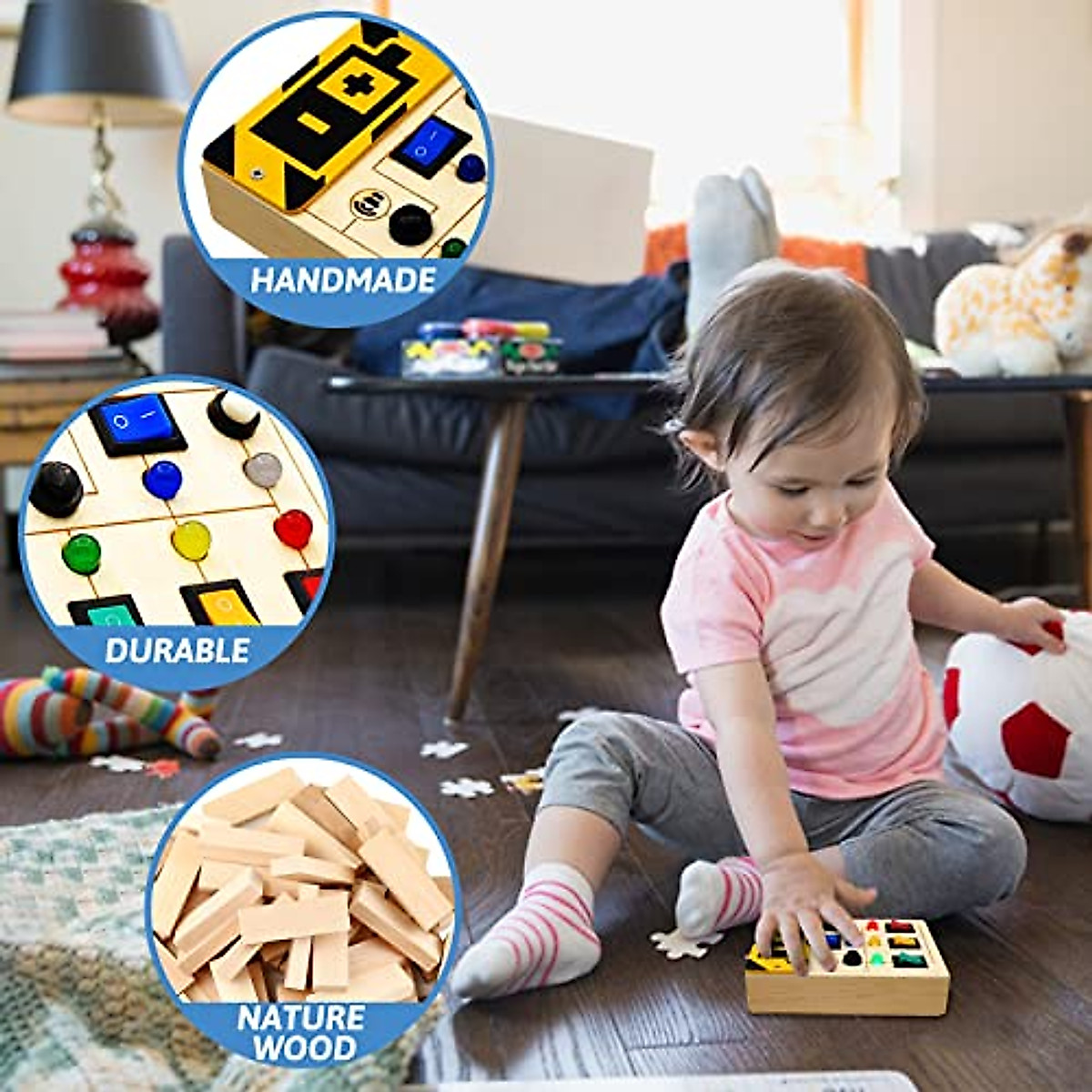 Toddler Toys Busy Board Montessori Toys Sensory Toys for Toddlers 1 2 3 4 Years Old, Wooden Travel Light Up Busy Board Toys with Buttons to Push Educational Learning Fidget Toy for Boy Girls Gifts