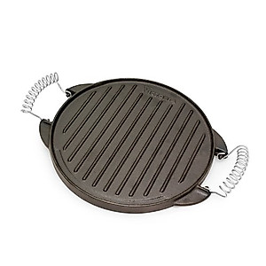 Victoria Round Cast Iron Gril. Double Burner Griddle, with Wire Handles Seasoned with 100% Kosher Certified Non-GMO Flaxseed Oil, 10 Inch, Black