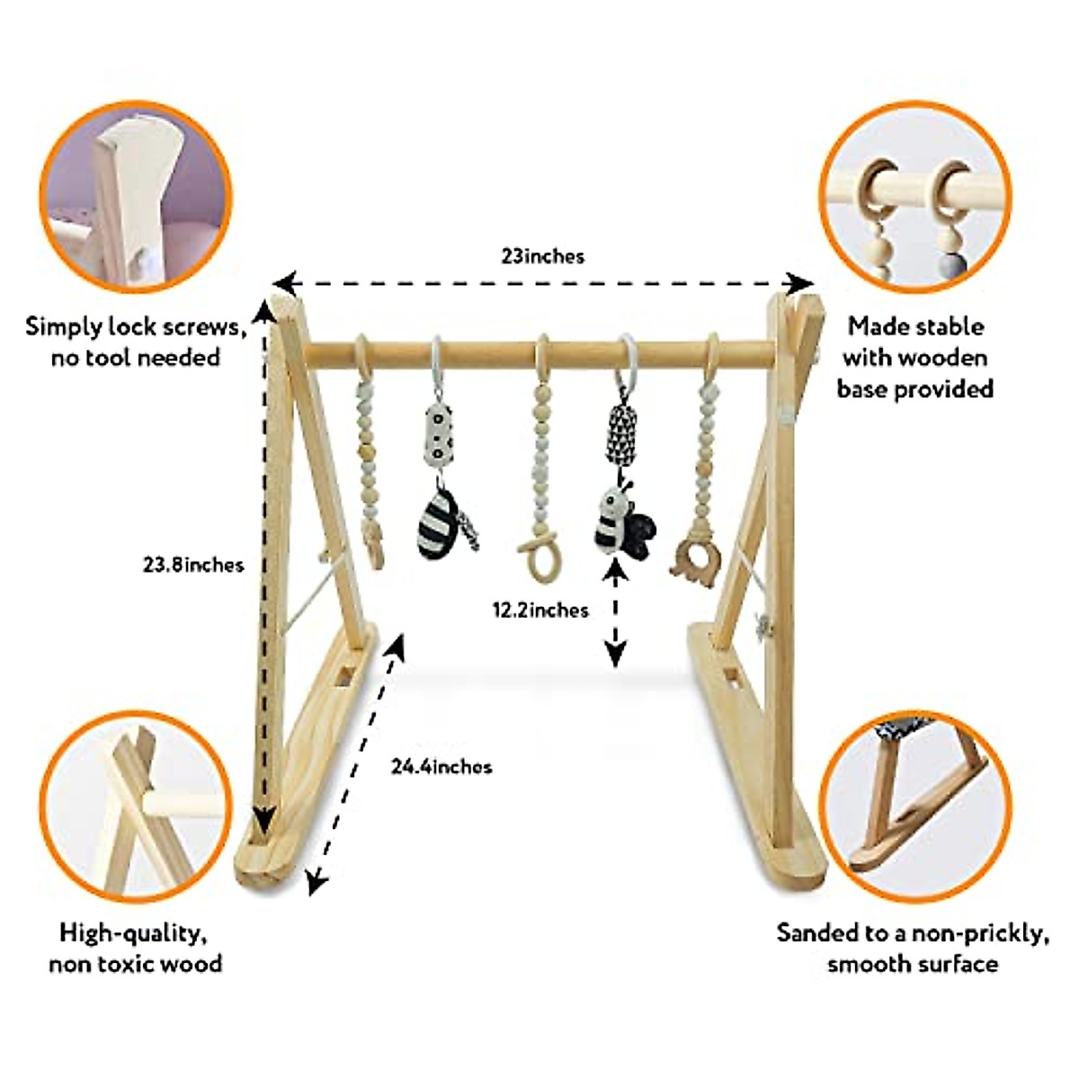 Foldable Wooden Baby Play Gym+Animal Sensory Hanging Rattle Toys(2 PCS)+Baby Teething Toys(3 PCS), with Babies Visual/Cognitive/Sensory Stimulation-for Babies 0-12 Month
