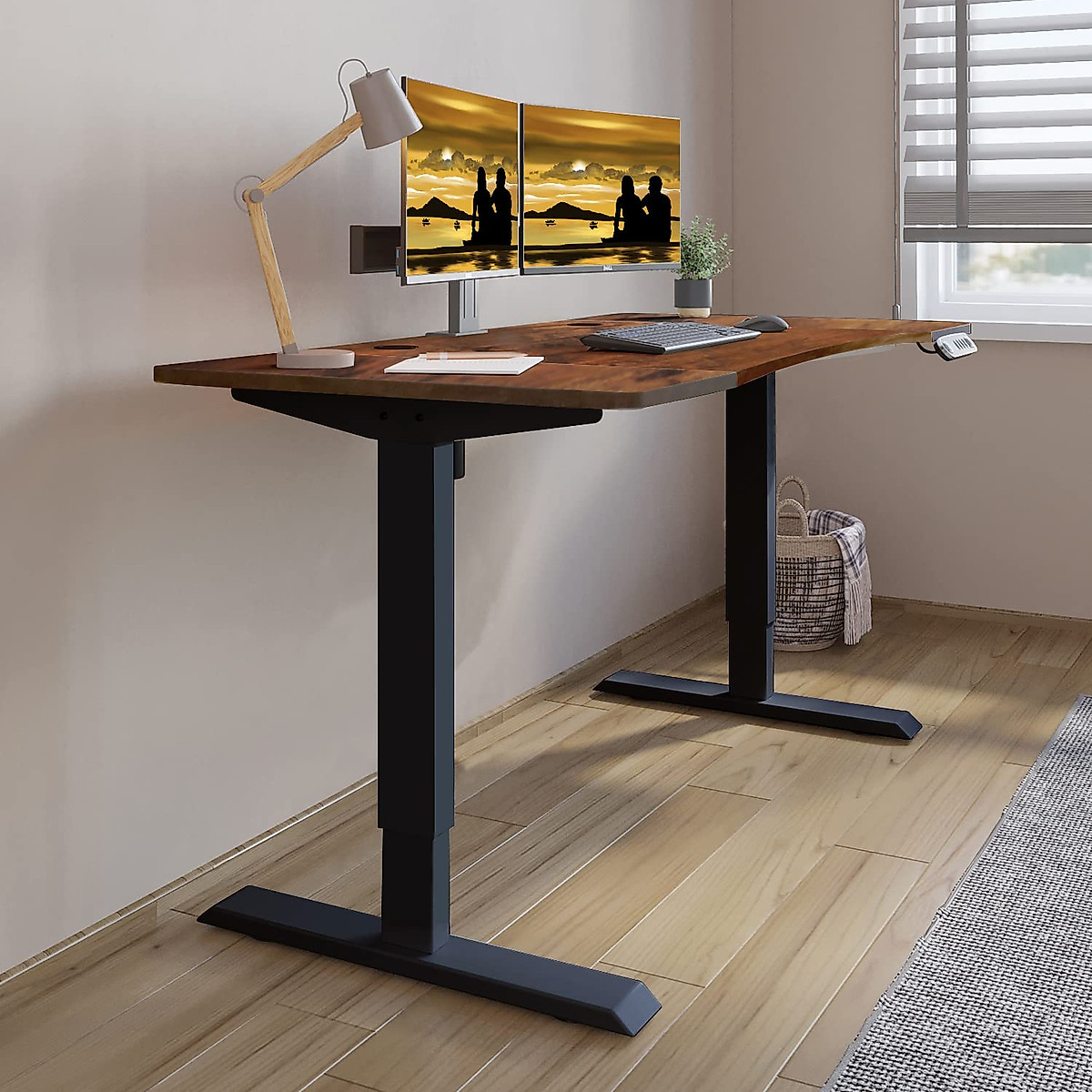Jceet Dual Motor Electric Standing Desk - 63 x 30 Inch Adjustable Height Sit Stand Computer Desk with Splice Board, Stand Up Desk Table for Home Office, Rustic Brown Top(with Radian)