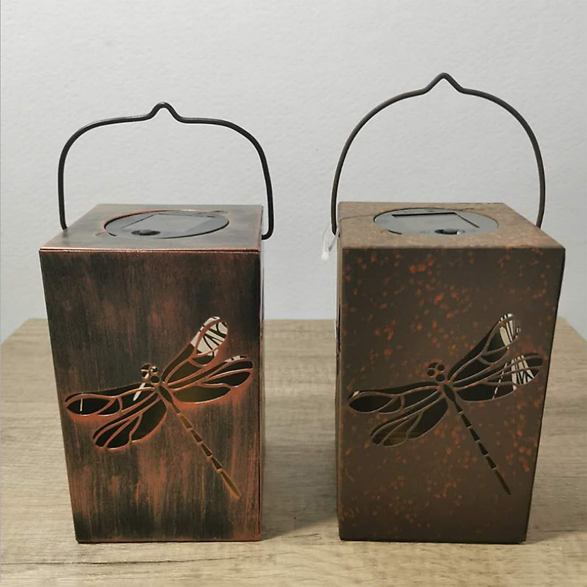 2 Pack Solar Lantern, Outdoor Hollow Dragonfly Hanging Lamp Garden Iron Lawn Projection Lamp, Waterproof Led Flashing Flameless Candlestick Task Lamp, Used for Porch Courtyard Lawn Passage