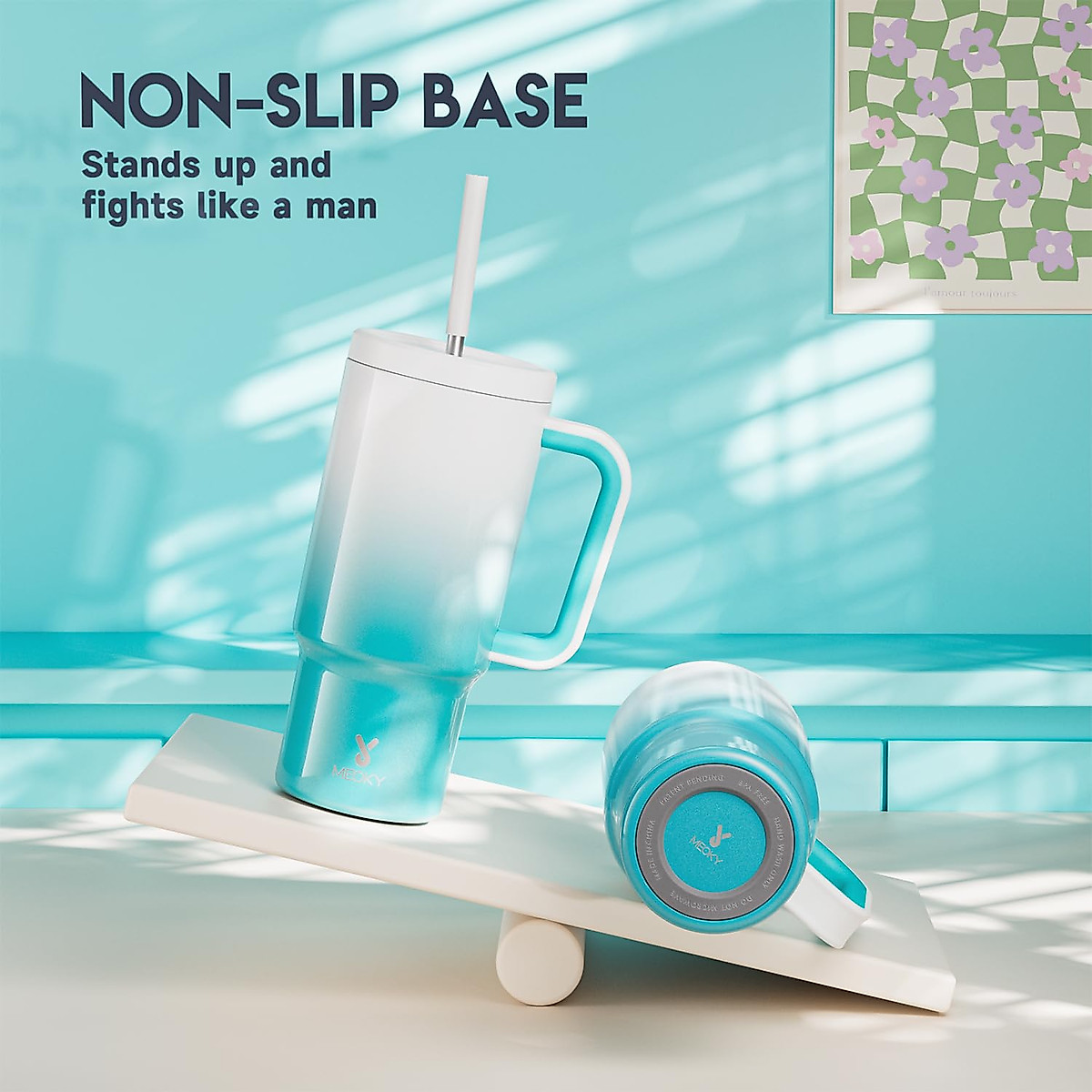 Meoky 24 oz Tumbler with Handle and Straw, 100% Leak-proof Tumbler with Lid and Straw, Insulated Stainless Steel Travel Coffee Mug, Keeps Cold for 24 Hours (Azure)