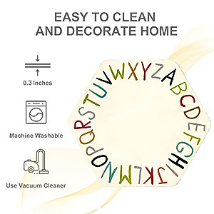 STARUIA Colorful ABC Kids Rug Play Mat for Playroom, 55"x47" Hexagon Washable Nursery Rug for Boys Girls Bedroom, Non-Slip Educational Rainbow Carpet for Classroom Reading Room