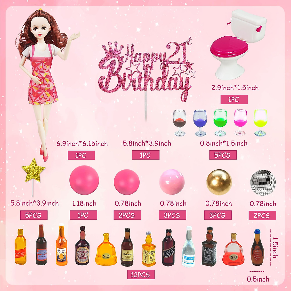 Mini Wine Bottles Cake Toppers With 12 Mini Wine Bottles 5 Mini Wine Glasses 1 Toilet Toy 1 Beauty Doll 21st Birthday Cake Topper for Celebrating Birthday 21st Girl Party (Brown)