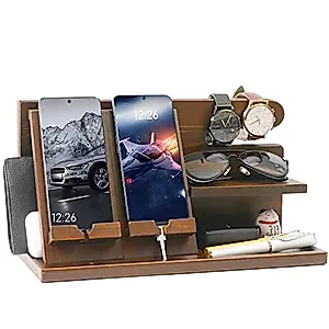 Phone Docking Station for Men Wood Nightstand Organizer Key Holder Wallet Stand Watch Husband Wife Anniversary Dad Man Gifts for Birthday