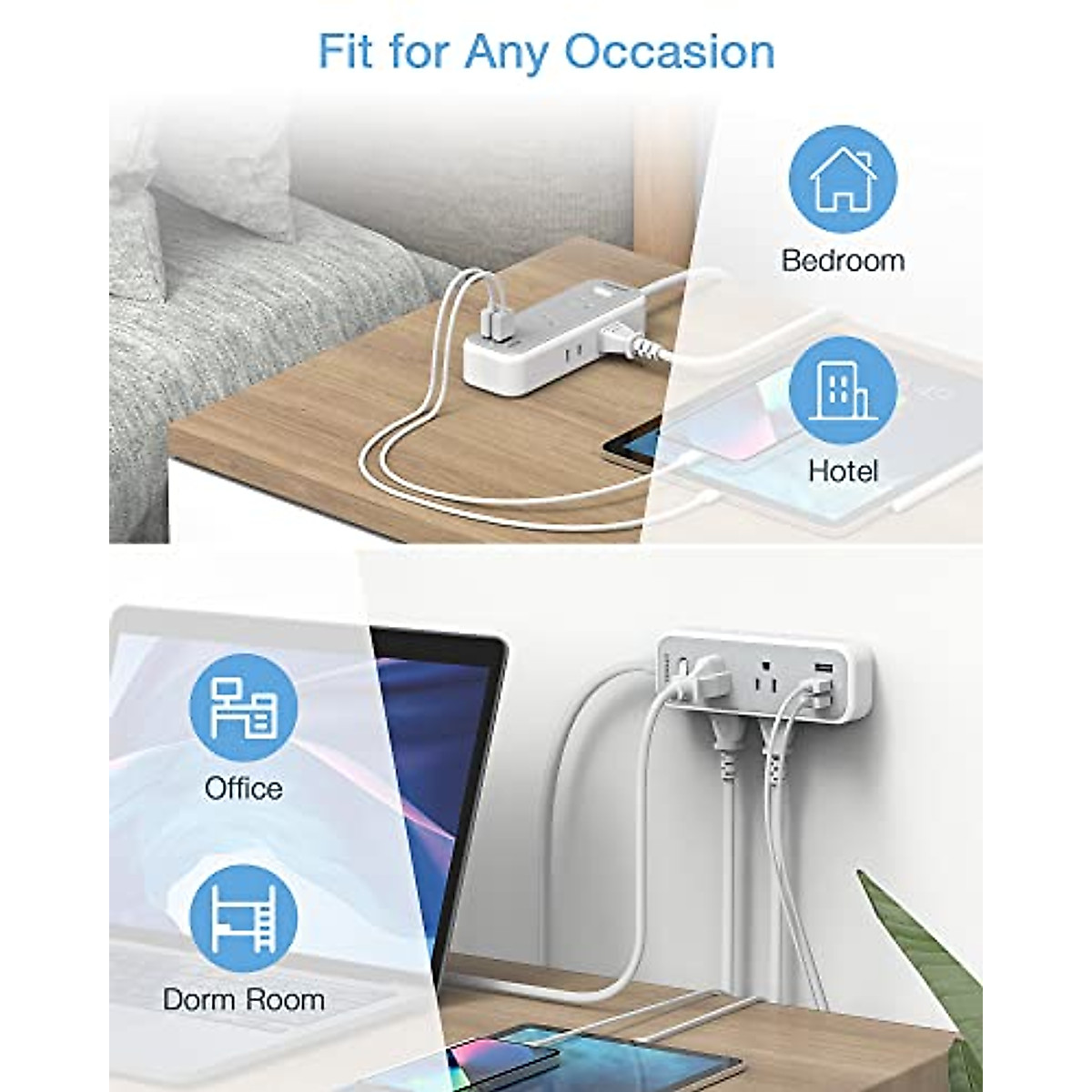 Small Power Strip with 3 USB Ports, TESSAN Flat Plug Extension Cord 6 Feet, Mini 6 Outlets Portable Nightstand Desktop Charging Station for Travel Dorm Room Cruise Ship Essentials