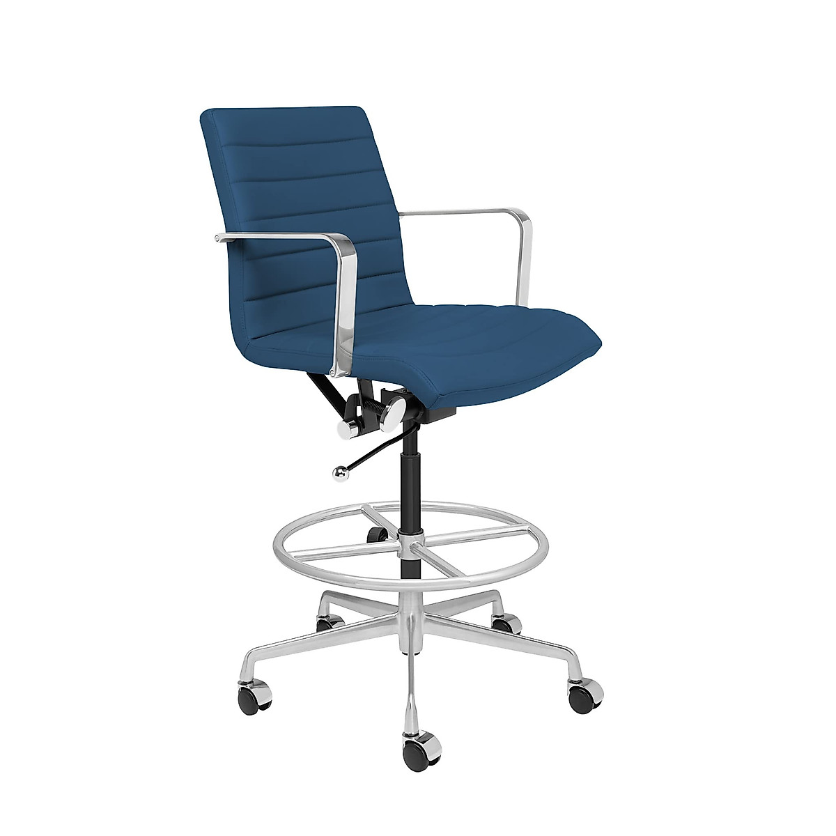 Laura Davidson Furniture SOHO II Ribbed Drafting Chair for Standing Desks - Ergonomically Designed, Commercial Grade Draft Height, Arm Rest & Cushion Availability, Made of Faux Leather, Blue