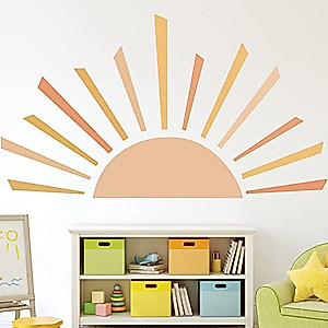 ECam Half Sun Wall Decal, Boho Decals, Sunshine Large Stickers, Vinyl Peel and Stick Stickers for Kids Bedroom Nursery Playroom Classroom Decor (59 x 34 inch)