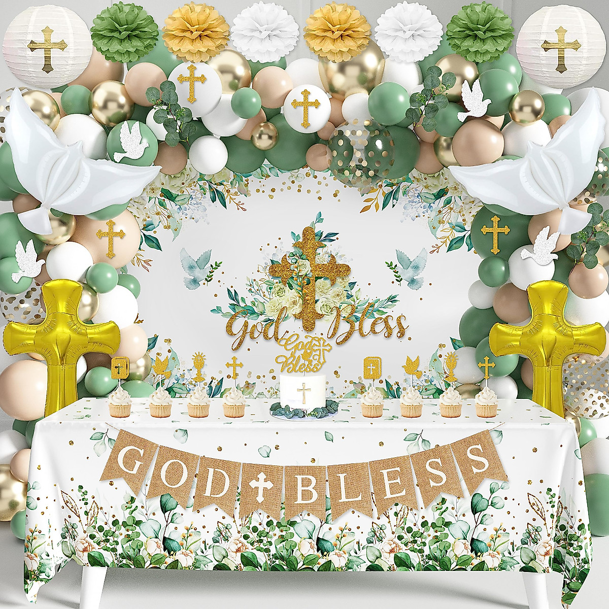 Baptism Party Decorations Mi Bautizo Party Supplies First Communion Decor Boys Girls Baby Shower Christening Decorations God Bless Backdrop Tablecloth Banner Balloons Garland (Baptism-01)