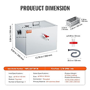 VEVOR Commercial 8 LBS, Top Inlet Interceptor, Under Sink Stainless Steel Grease Trap, 2.8 GPM Waste Oil-Water Separator, for Restaurant Canteen Home Kitchen, 8LB, Silver