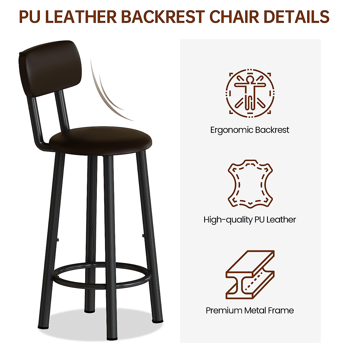 LTTROMAT Kitchen Dining Table Set for 2, Bar Table and Chairs Set with 3 Storage Shelves, Tall Dining Table with 2 PU Leather Backrest Stools for Small Space, Kitchen Island, Apartment, Brown