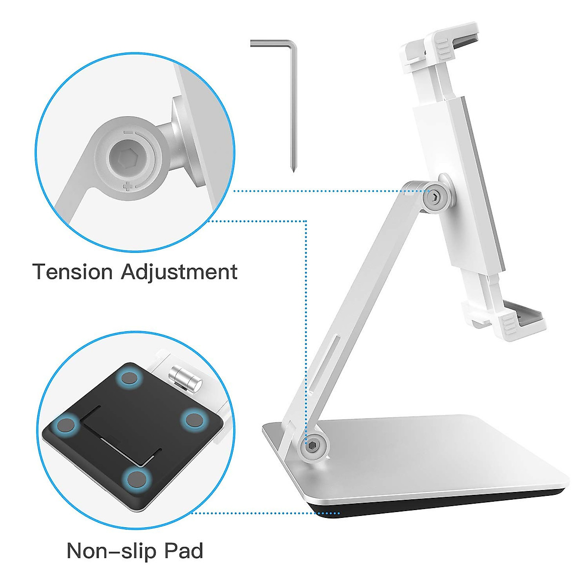 Tablet Stand, Adjustable Heavy Duty Aluminum Phone Stand, 360° Swivel Foldable Holder for iPad, Samsung Tab, Kindle (4.7-13"), Design for Desk Kitchen Bedside Office (Silver)