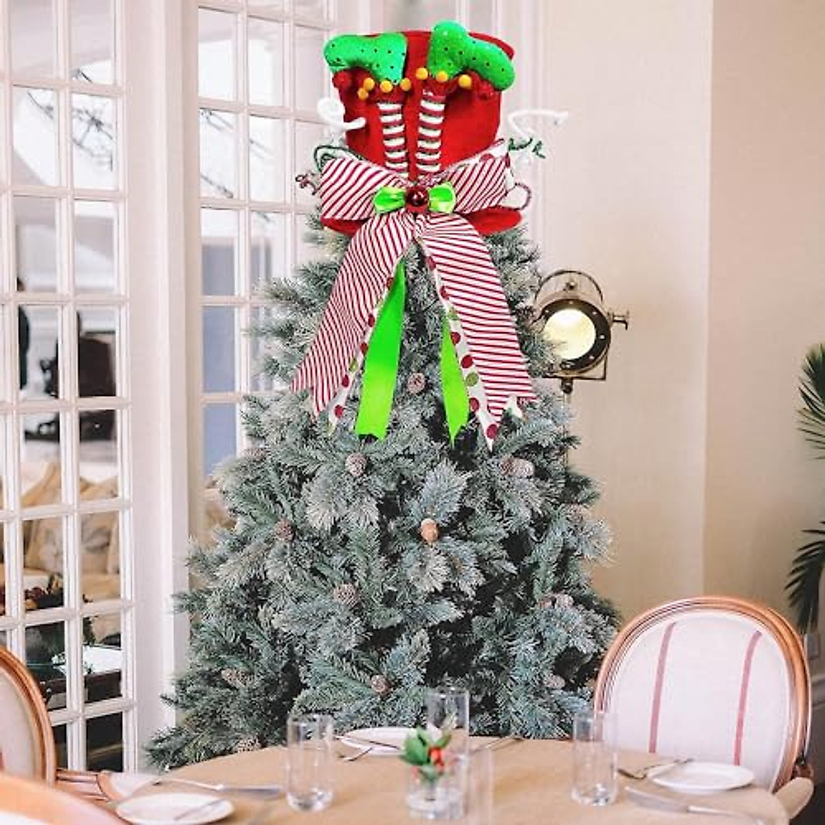 1 PCS Christmas Tree Topper Hat with Buffalo Plaid Bow Ribbon Christmas Tree Topper Christmas Decorations Christmas Tree Ornaments for Xmas Tree Home Desktop Holiday Decorations G