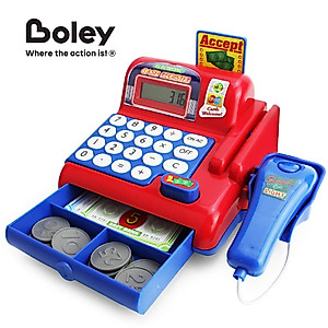 Boley Toy Cash Register with Scanner - Red and Blue Toddler Cash Register Toy for Kids with Calculator and Toy Credit Card Reader