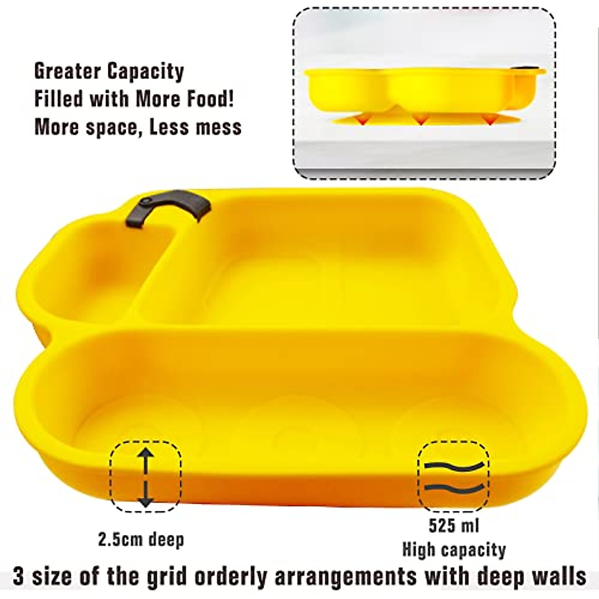 Baby Plate Silicone Divided, Suction Toddler Plates Dishes for Toddler Kids Self Feeding, BPA Free, Microwave & Dishwasher Safe(Yellow)