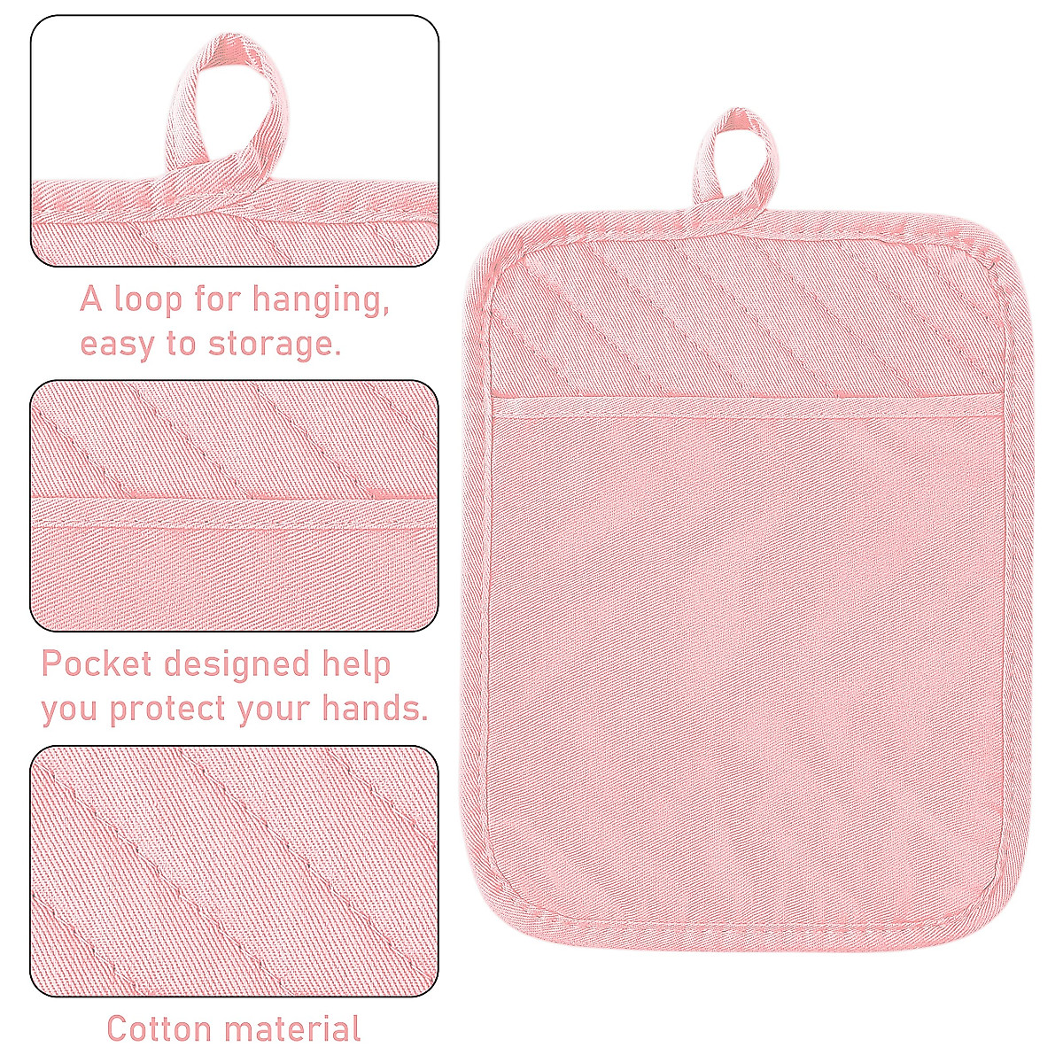 GROBRO7 6Pcs Cotton Oven Mitts and Pot Holders Set Heat Resistant Hot Pads Durable Pocket Pot Holder Machine Washable BBQ Gloves with Hanging Loop for Safe Kitchen Baking Cooking Grilling Pink