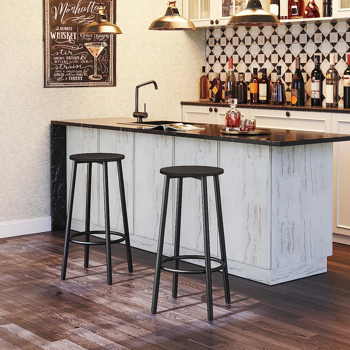 HOOBRO Bar Stools, Set of 2 Bar Chairs, Kitchen Round Height Stools with Footrest, Breakfast Bar Stools, Sturdy Steel Frame, for Dining Room, Kitchen, Party, Easy Assembly, Black BK03BY01