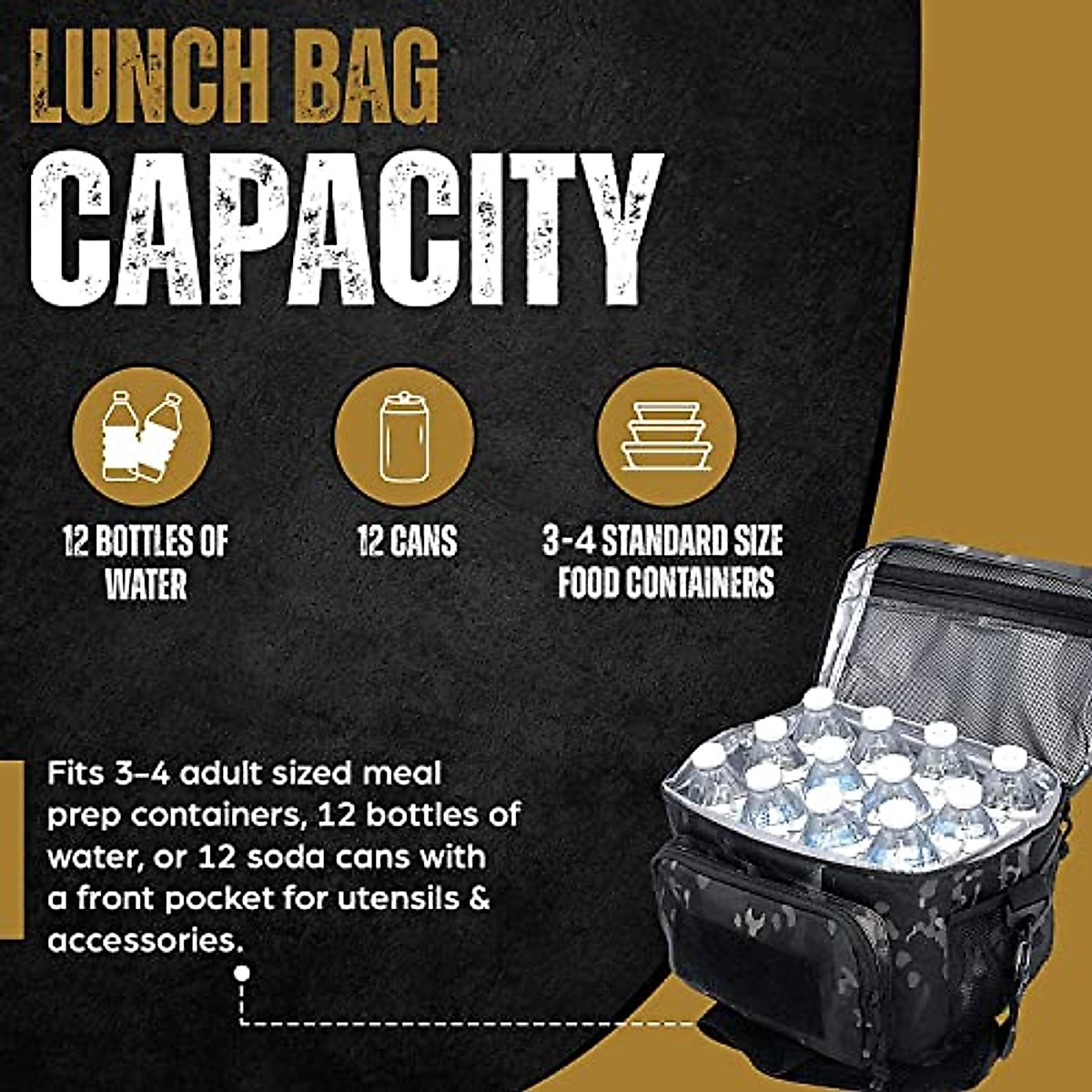 HSD Tactical Lunch Box for Men - Thick Insulated Adult Lunch Bag - Leak Proof for Hot & Cold - Easy To Clean, Durable & Water-Resistant - Sturdy Handle, Shoulder Strap, & Pockets for Travel & Work
