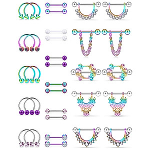 SCERRING 14G Nipple Rings 316L Stainless Steel CZ Nipplerings Shield Tongue Barbell Rings Bars Body Piercing Jewelry for Women 32PCS Rainbow