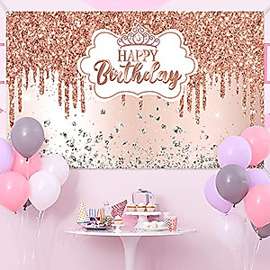 Rose Gold Happy Birthday Backdrop for Girls Women Rose Gold Happy Birthday Banner Glitter Diamond Birthday Backdrop Sweet Princess Birthday Photography Background