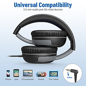 rockpapa Share 1 Kids Headphones Wired with Microphone & Share Port, 85dB/94dB Volume Limited, Cute Foldable Student Child Boys Girls Headphones for School/Classroom/Travel Black/Grey