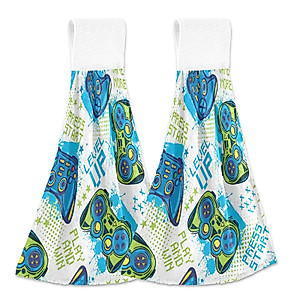 SLHKPNS Joystick Pattern Vintage Kitchen Hanging Hand Towels, Game Joypad Controller Absorbent Tie Towel with Loop 2 PCS Kitchen Linen Sets for Bathroom Restroom Home Decor
