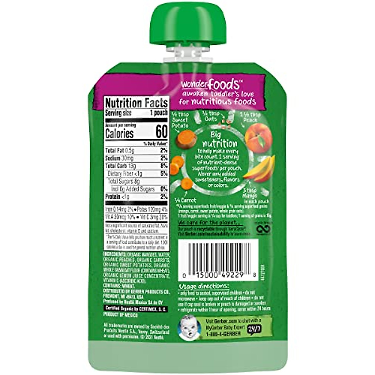 Gerber Organic for Toddler Wonder Foods Toddler Food Pouches, Mango Peach Carrot Sweet Potato Oatmeal, Organic & Non-GMO, 3.5 Ounce Pouches (Pack of 6)
