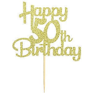 Sotpot Happy 50th Birthday Cake Topper Gold Glitter 50th Cake Toppers 50 Birthday Cake Decorations Cheers to 50 Fabulous Party Cake Picks - 1 Pack
