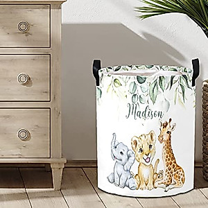 Personalized Laundry Basket Hamper,Safari Jungle Animal Greenery,Collapsible Storage Baskets with Handles for Kids Room,Clothes, Nursery Decor