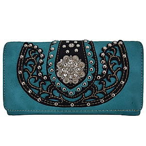 Western Style Rhinestone Concho West Concealed Carry Purse Country Handbag Women Shoulder Bag Wallet Set (Turquoise Set)