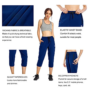 Womens Lightweight Jogger Capri Pants Quick Dry Workout Running Capris Sun Protection UPF 50+ Zipper Pockets Deep Blue